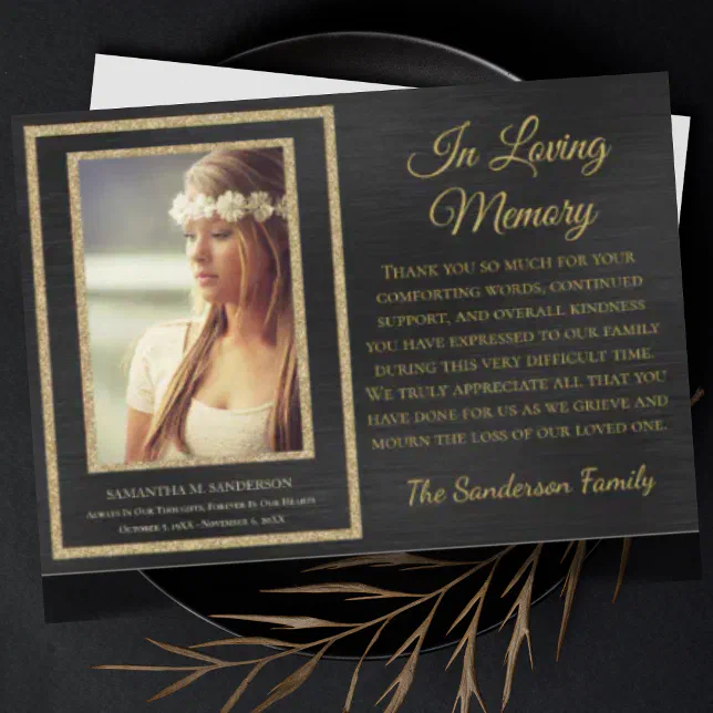 In Loving Memory Sympathy Funeral Black Thank You Card | Zazzle