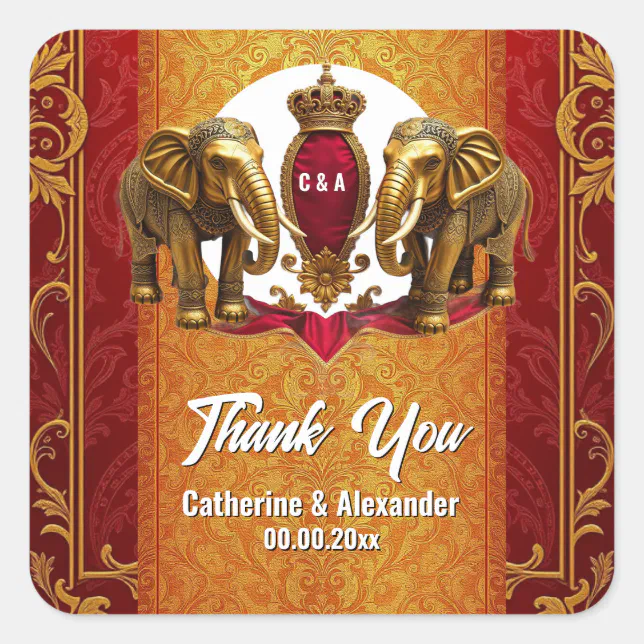 Indian elephants red gold Hindi floral wedding Square Sticker | Zazzle