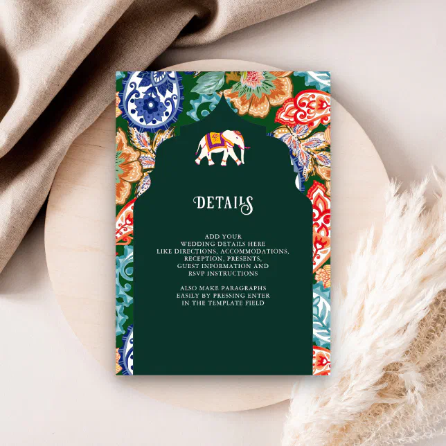 Indian Folk Art Elephant Emerald Wedding Details Enclosure Card | Zazzle