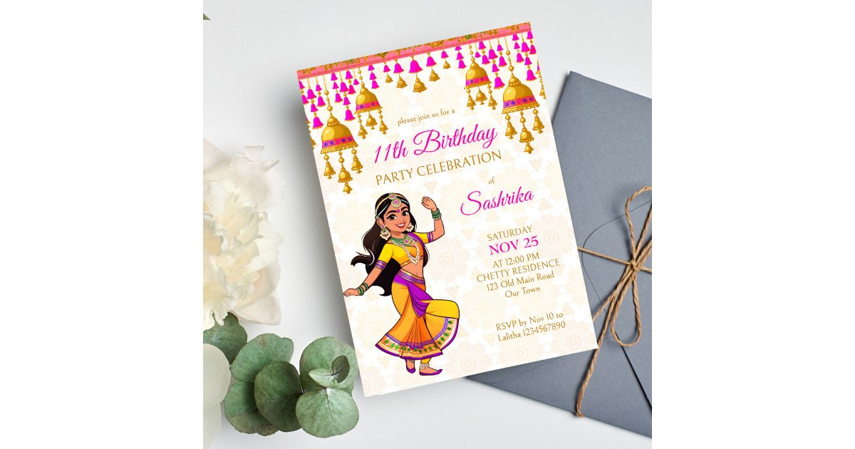 Indian style birthday party cute Indian girl Invitation | Zazzle