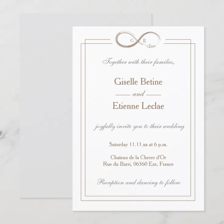 Infinity Symbol Monogram White Grey Gold Wedding Invitation | Zazzle