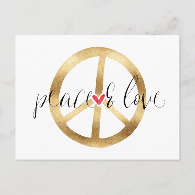 Inspirational Gold Peace Sign Heart Postcard | Zazzle