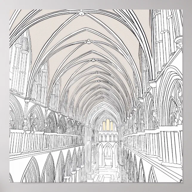 Interior of Salisbury Cathedral | Line Drawing Poster | Zazzle