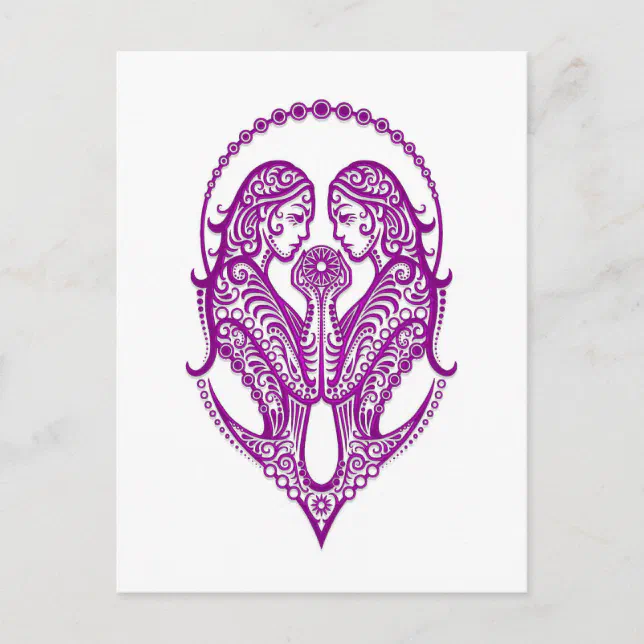 Intricate Purple Gemini Zodiac on White Postcard | Zazzle