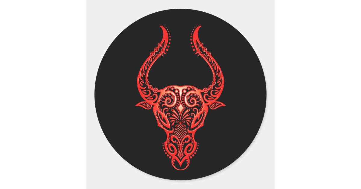 Intricate Red Taurus Zodiac on Black Classic Round Sticker | Zazzle