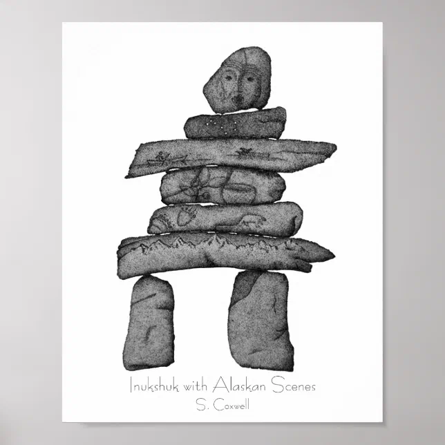 Inukshuk with Alaskan Scenes dotwork art Poster | Zazzle