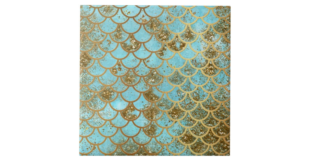 Iridescent Blue Gold Glitter Mermaid Fish Scales Tile | Zazzle