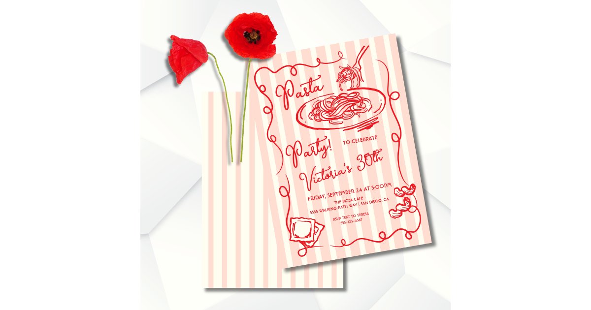 Italian Hand drawn Pasta Party Birthday Invitation | Zazzle