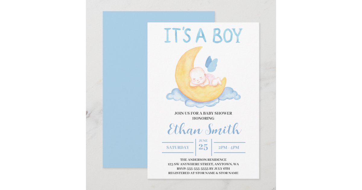 It's a Boy Watercolor Baby Boy On Moon Baby Shower Invitation | Zazzle