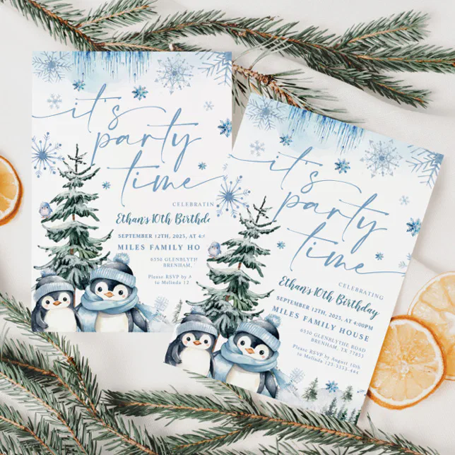 It's party time Penguin winter birthday invitation | Zazzle
