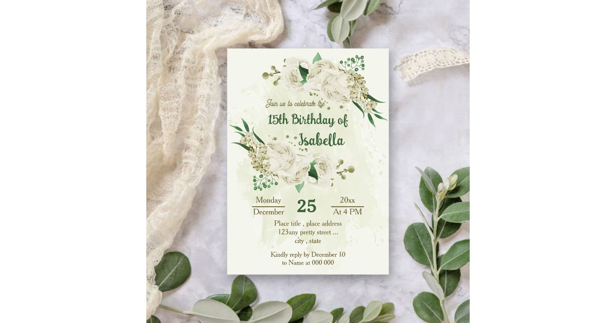Ivory white flowers greenery birthday invitation | Zazzle