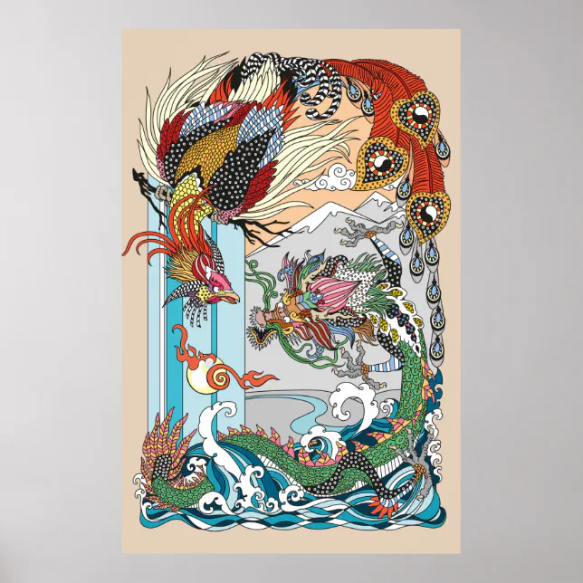 Jade Dragon and Gold Phoenix playing with a pearl Poster | Zazzle