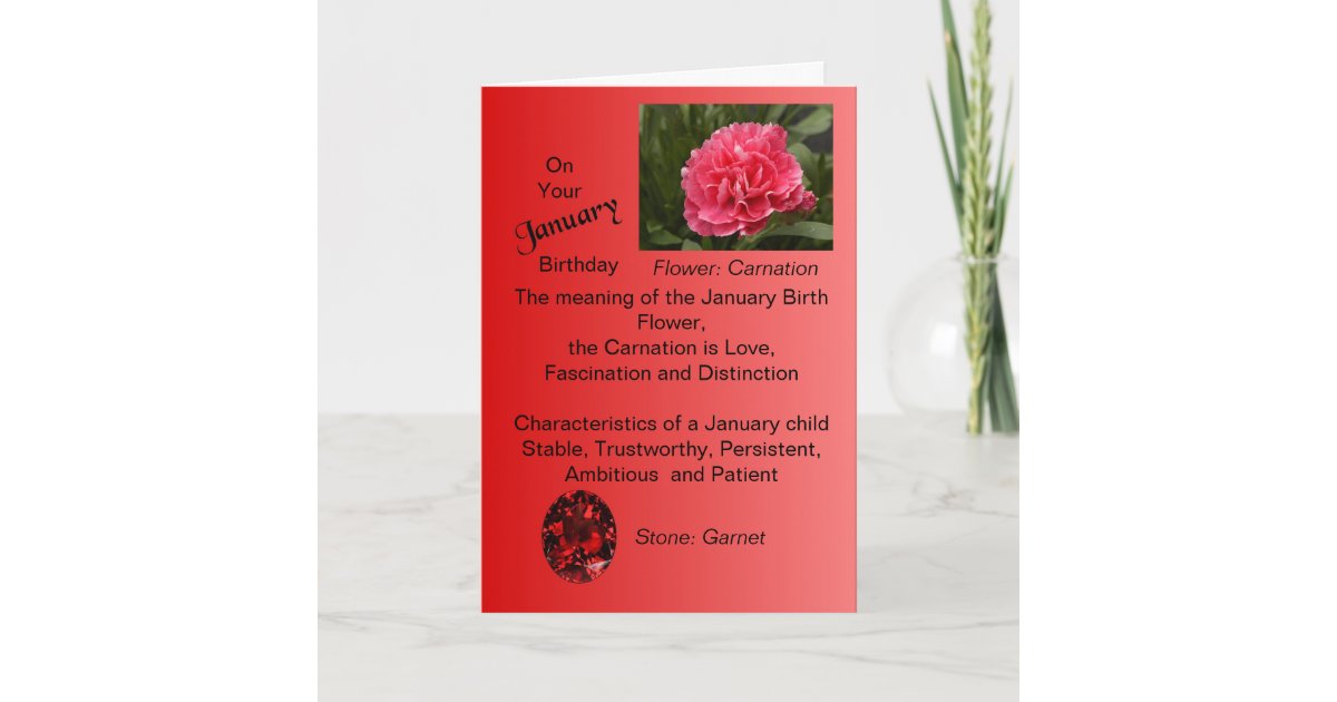 January Birthday Card - Carnation and Garnet | Zazzle