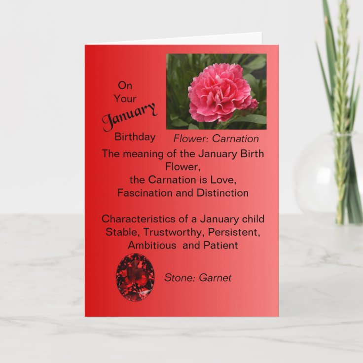 January Birthday Card - Carnation and Garnet | Zazzle