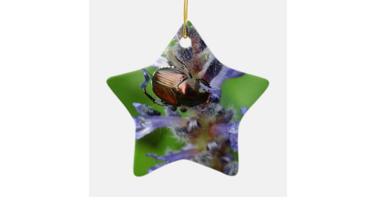 Japanese Beetle on Purple Arrowhead flower Ceramic Tree Decoration | Zazzle