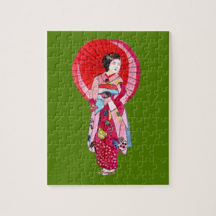 Japanese Geisha red kimono cute art Jigsaw Puzzle | Zazzle.co.uk