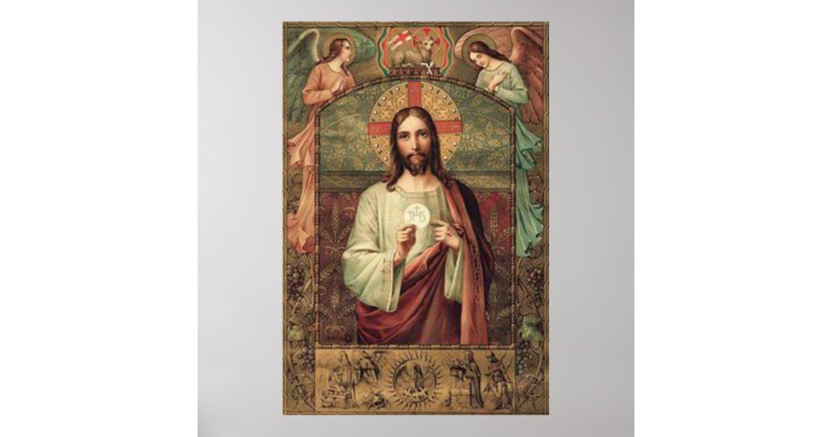 Jesus holding Eucharist Host with Angels Above Poster | Zazzle