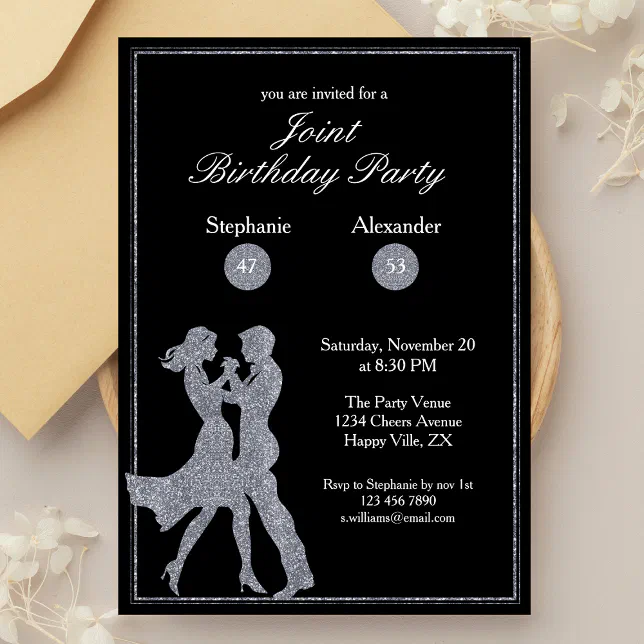 Joint Birthday Party Adults Silver Dance Couple Invitation | Zazzle