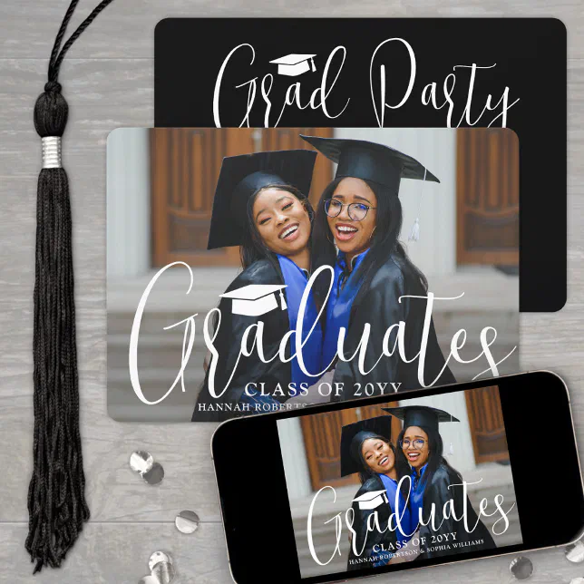 Joint Graduation Modern Script and Photo Black Invitation | Zazzle