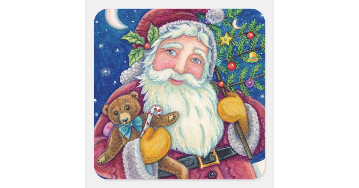 JOLLY ST NICK & TEDDYBEAR, OLD FASHIONED CHRISTMAS SQUARE STICKER | Zazzle