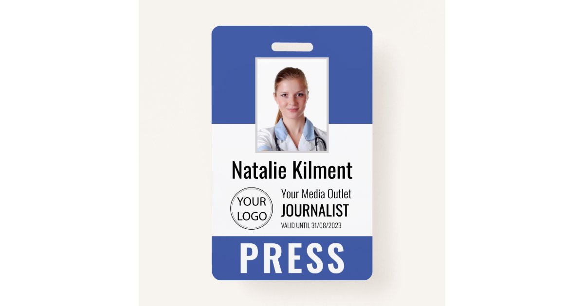 Journalist Press Pass Photo Name Logo ID Blue ID Badge | Zazzle