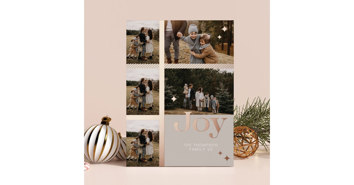 Joy Elegant Plaid 5 Family Photo Plaid Collage Foil Holiday Card | Zazzle