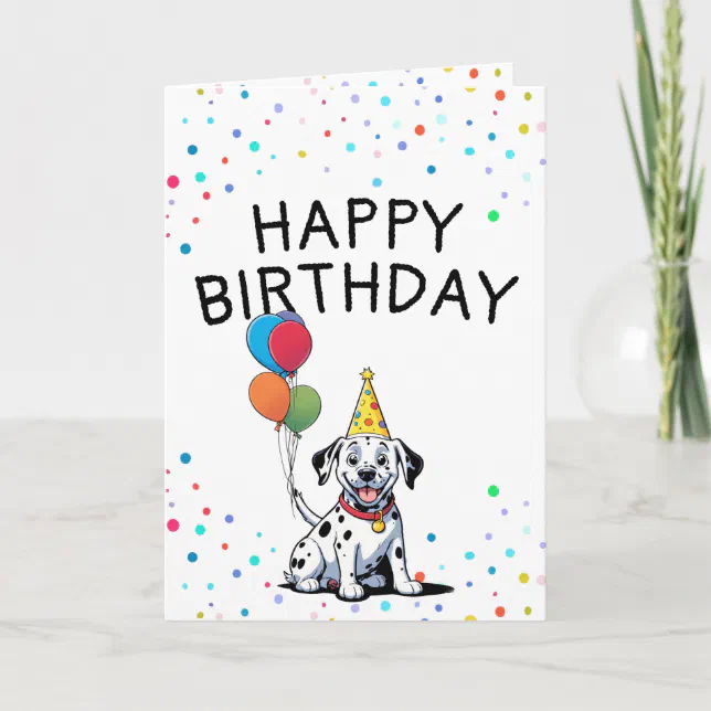 Joyful Dalmatian Pup with Balloons Birthday Card | Zazzle