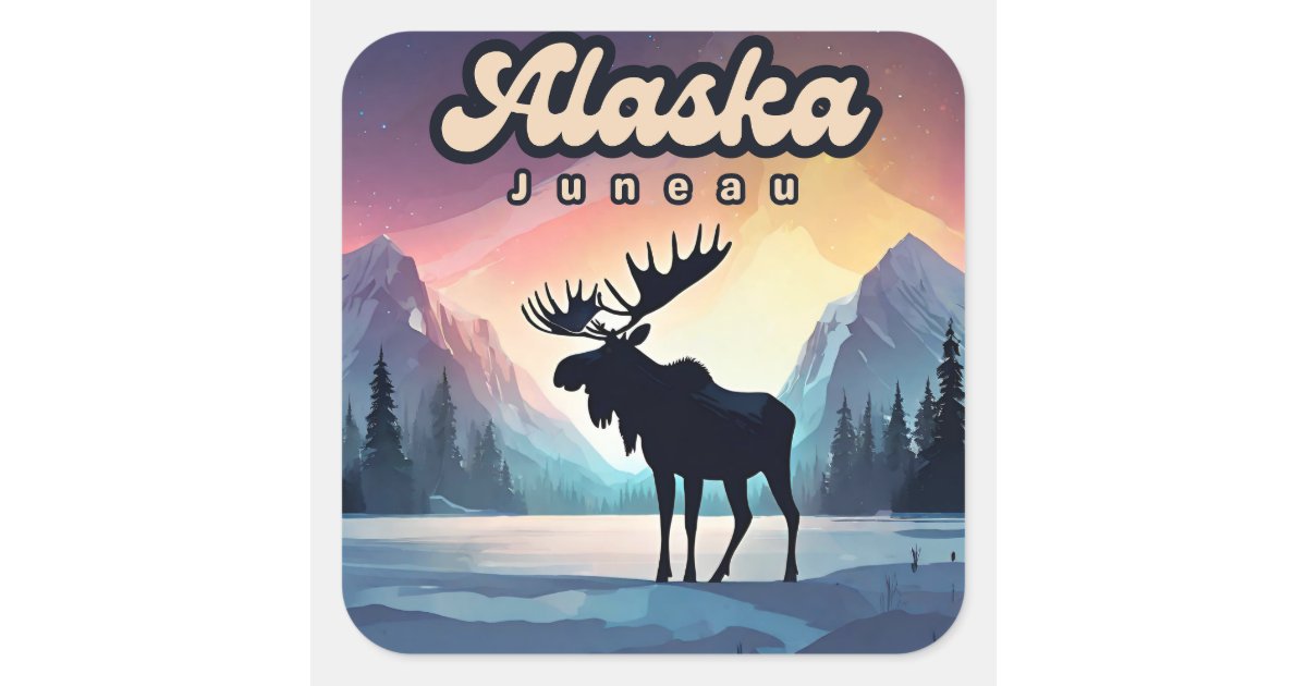 Juneau Alaska Moose Aurora Northern Lights Nature Square Sticker | Zazzle