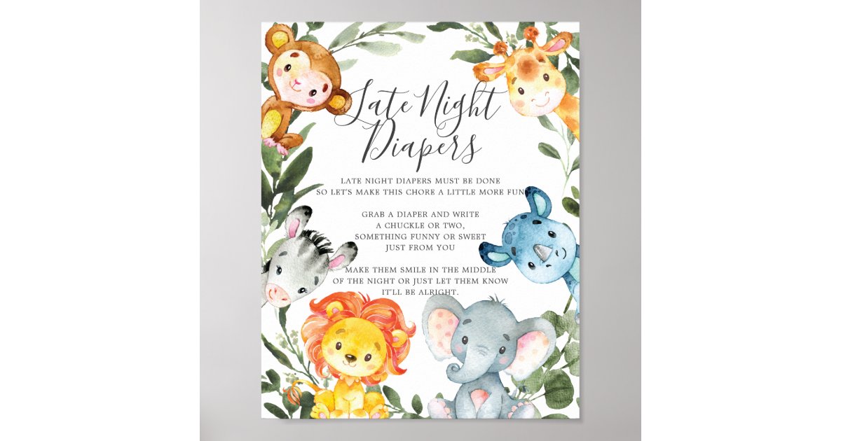 Jungle Animals Baby Shower Late Night Diapers Sign | Zazzle