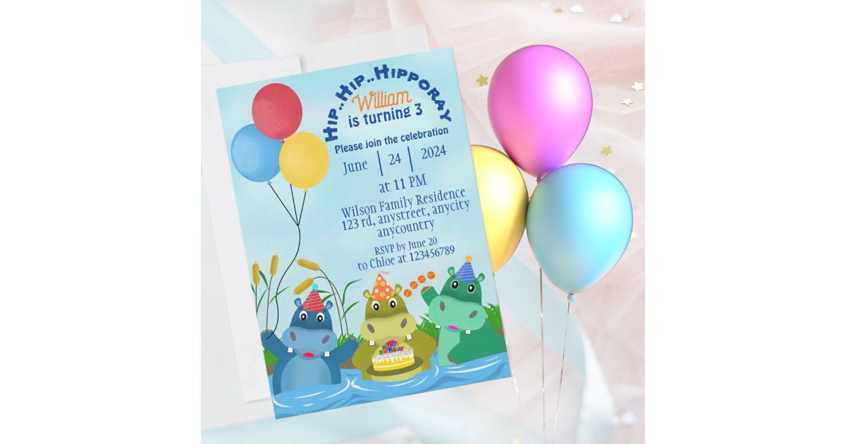 Jungle Cartoon Hippopotamus Birthday Invitation | Zazzle