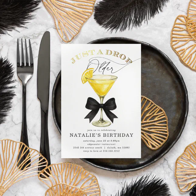 Just a Drop Older Lemon Drop Black Bow Birthday Invitation | Zazzle