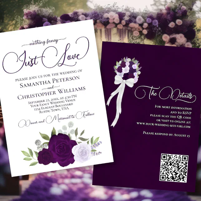 Just Love Purple Roses QR Code Boho Floral Wedding Invitation | Zazzle
