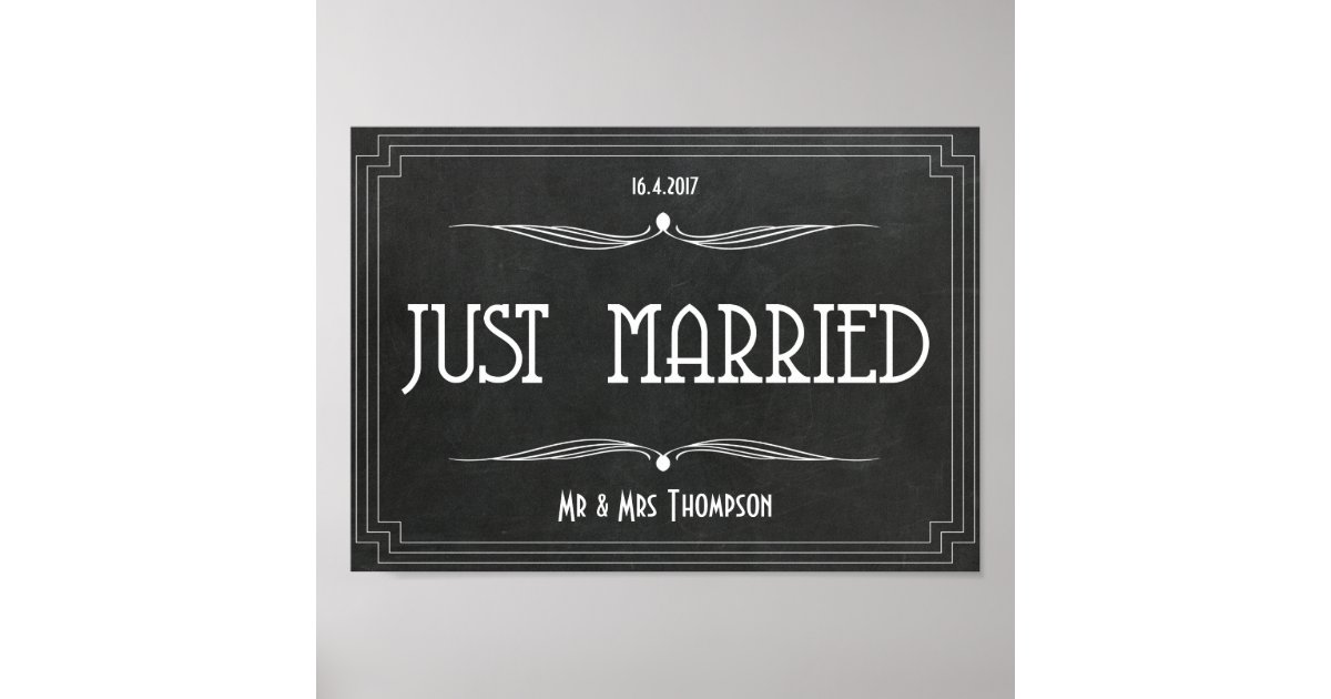 Just married art deco wedding poster | Zazzle