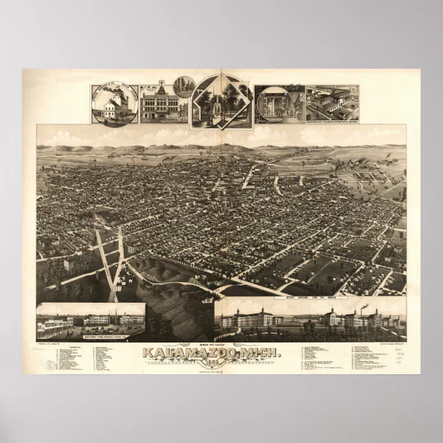 Kalamazoo Michigan 1883 Antique Panoramic Map Poster | Zazzle