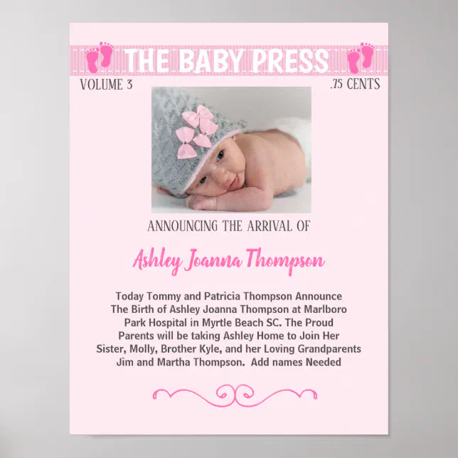 Keepsake Photo Birth Announcement Poster | Zazzle