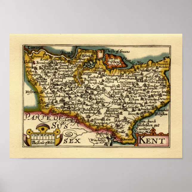 Kent County England Old Antiquarian John Speed Map Poster | Zazzle