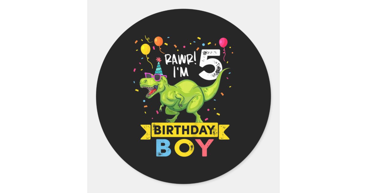 Kids 5 Year Old 5th Birthday Boy T Rex Dinosaur Classic Round Sticker | Zazzle