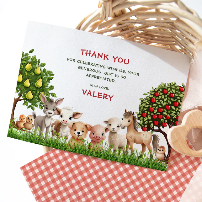 Kids Birthday Party Farm Animals for Girl Thank You Card | Zazzle