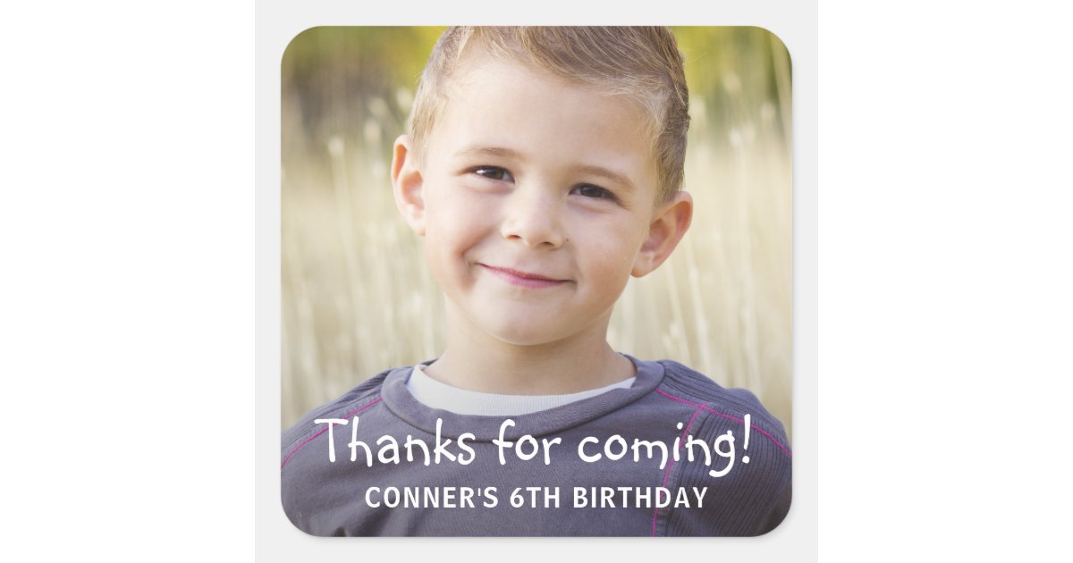 Kids Birthday Party Photo Favour Square Sticker | Zazzle