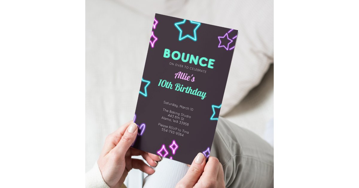 Kids Bounce Neon Glow Birthday Party Invitation | Zazzle