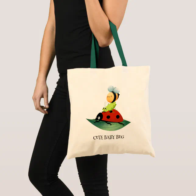 Kids Cute Red ladybug Bee bug insect on green leaf Tote Bag | Zazzle