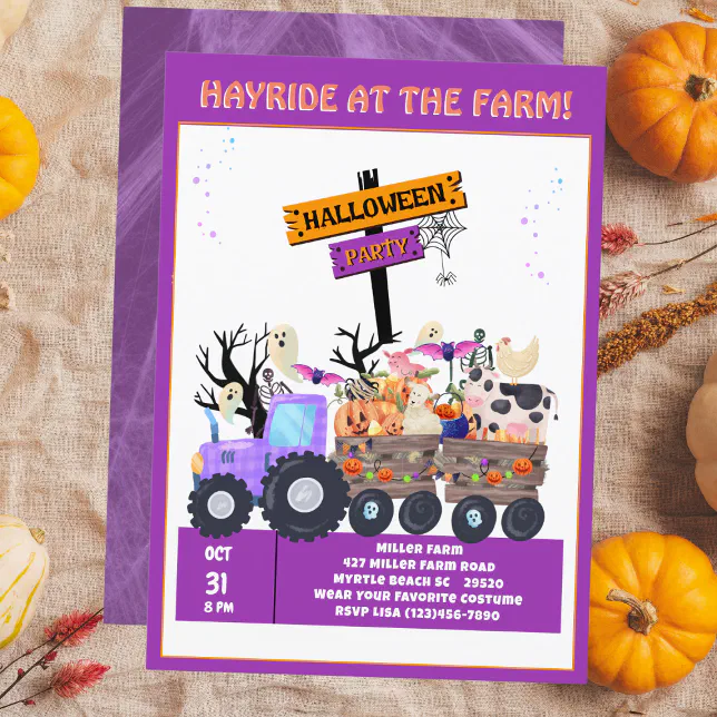 Kids Hayride Farm Halloween Tractor Party Invitation | Zazzle