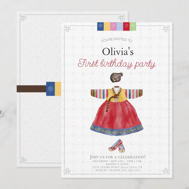Korean Girl Hanbok Dol Janchi the first birthday Invitation | Zazzle