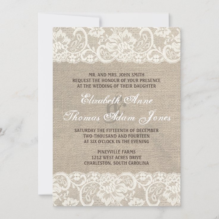 Lace Look Rustic Burlap Wedding Invitation | Zazzle