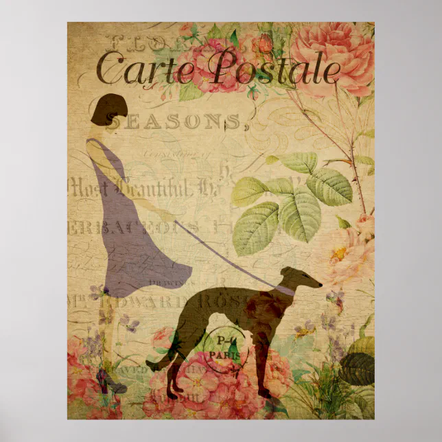 Lady and Greyhound Vintage French Postcard Poster | Zazzle