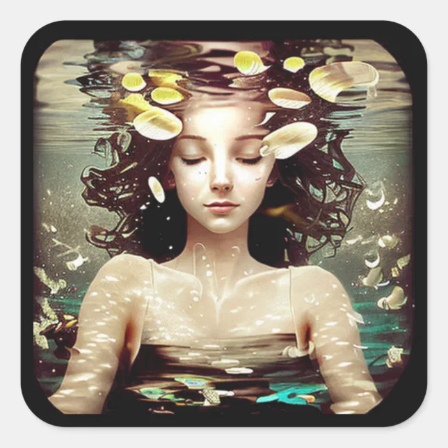 Lady Under Water, | AI Generated Artwork Square Sticker | Zazzle