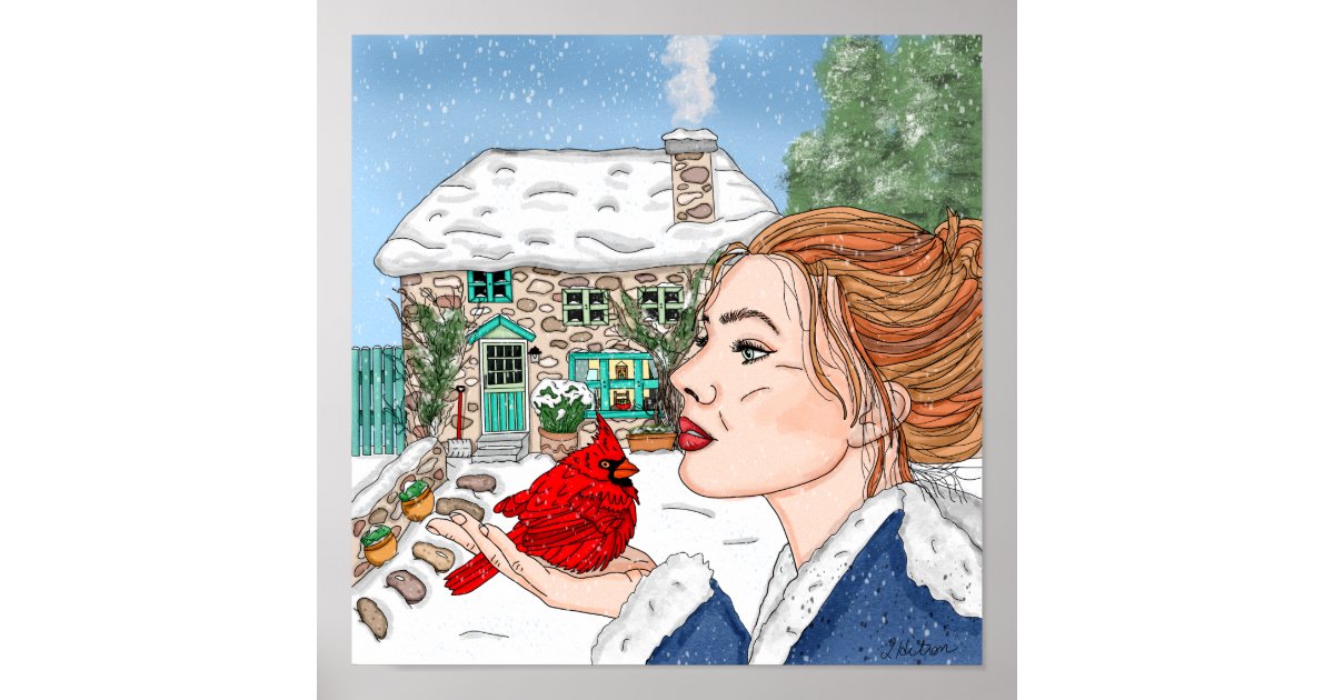 Lady with Cardinal in front of English Cottage Poster | Zazzle