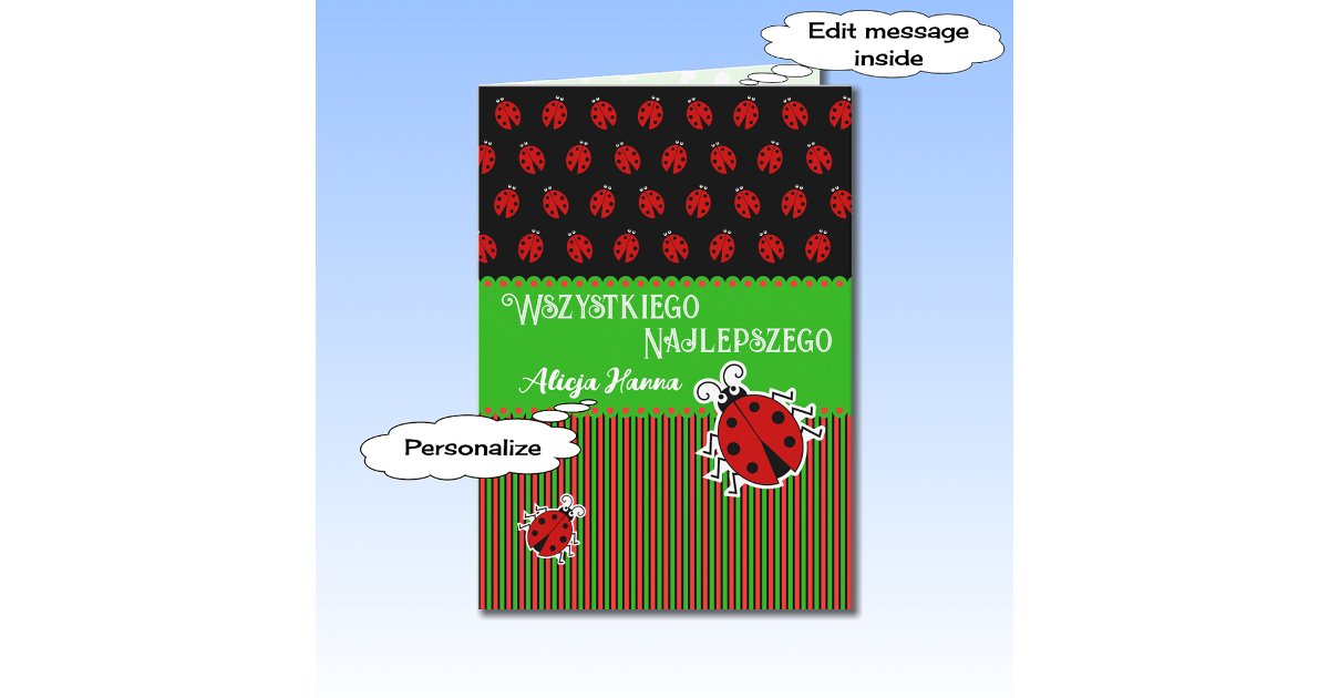 Ladybug birthday Polish custom text card | Zazzle