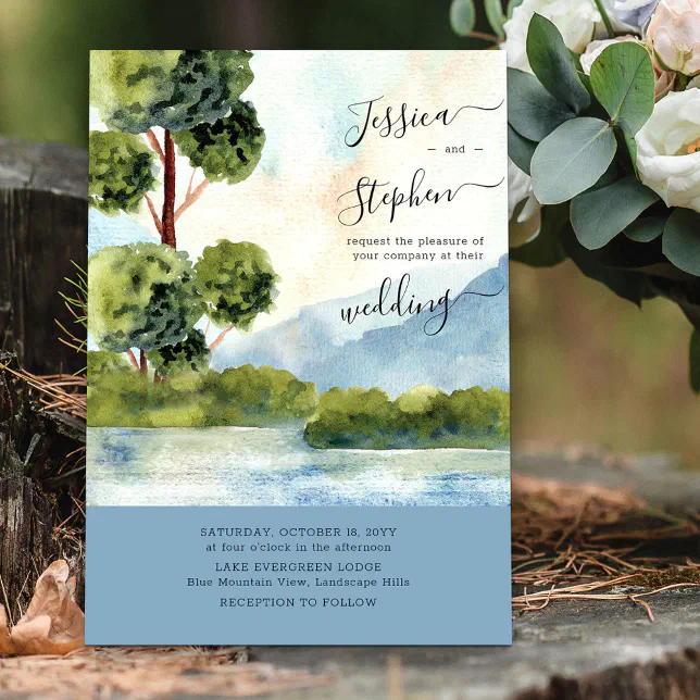Lake Evergreen Dusty Blue Destination Wedding Invitation | Zazzle