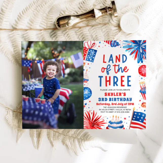 Land of the Three 4th July Patriotic 3rd Birthday Invitation | Zazzle
